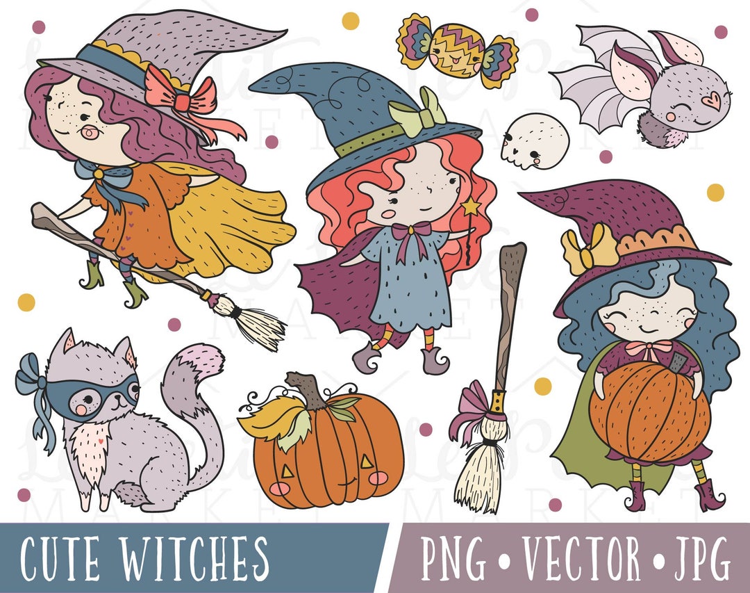 Cute Halloween Girls Clipart, Cute Witches Clipart, Witch Clip Art Set ...