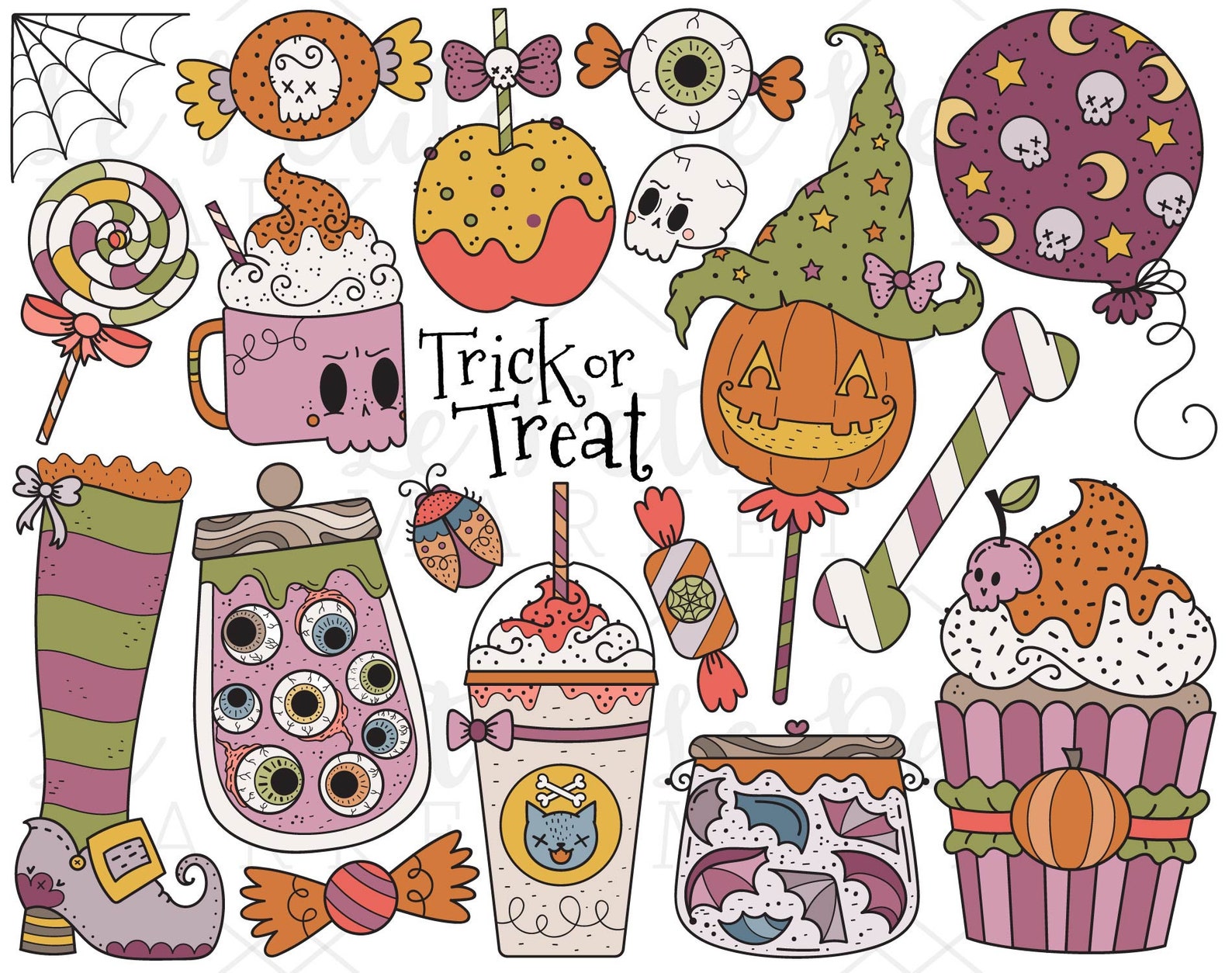Trick or Treat Halloween Candy Clipart Illustration Set | Etsy