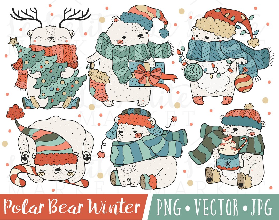 Holiday Bear Clipart Images, Vintage Christmas Clipart, Cute Polar Bear ...