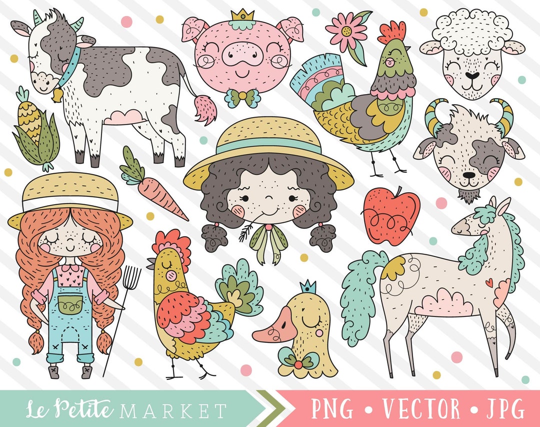 Farm Girl Clipart Set, Cute Farming Clip Art Animals, Farm Clipart ...