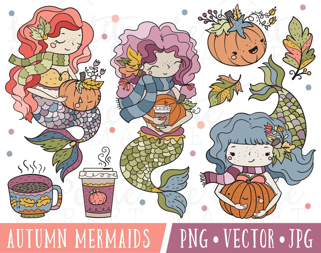 Cute Autumn Mermaid Clipart, Mermaid Pumpkins Clipart, Mermaid Autumn ...