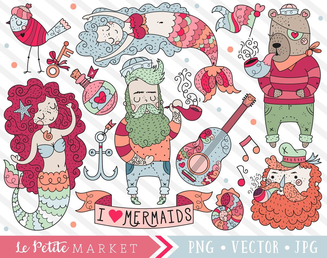 Cute Mermaid Clipart Set, Sailor Nautical Clip Art Illustrations ...