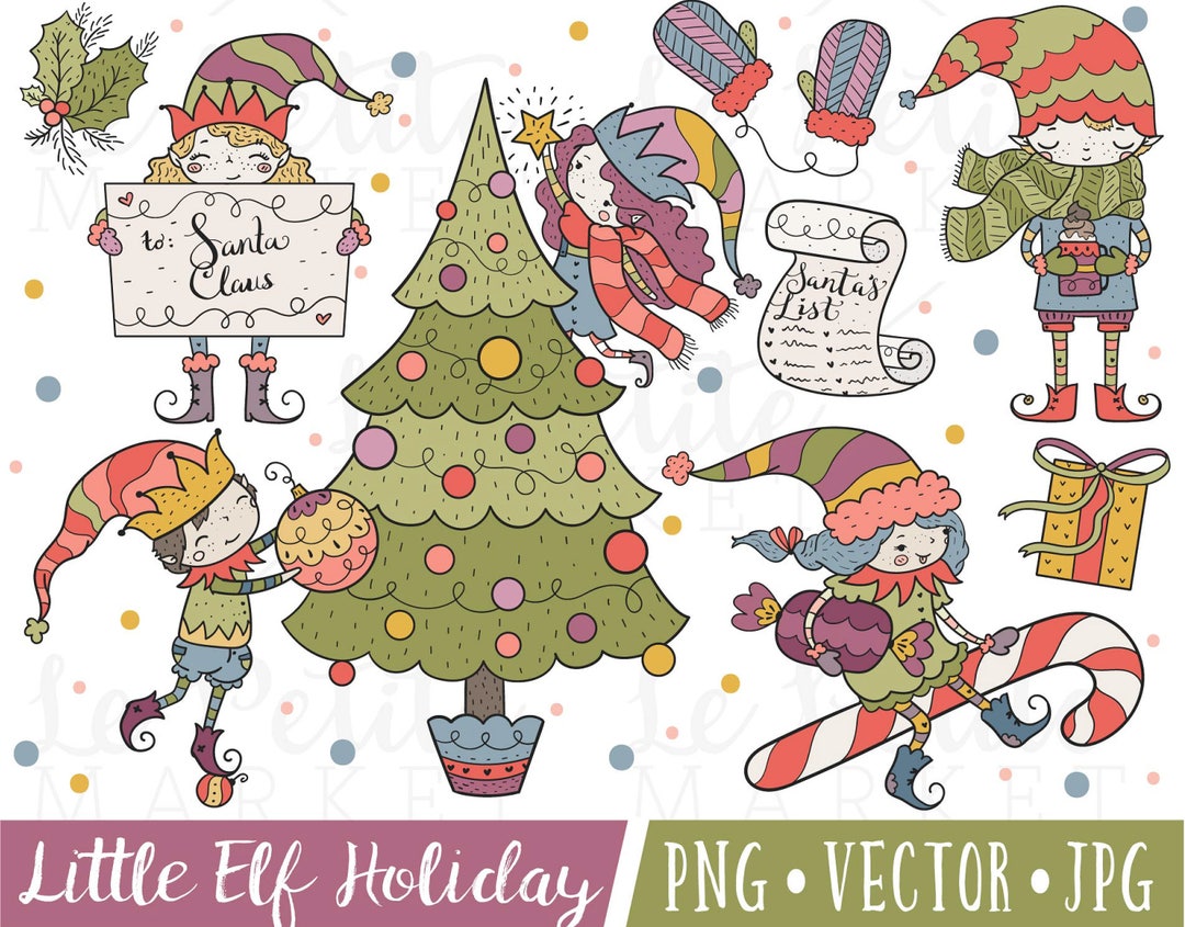 Holiday Elf Clipart Images, Christmas Elf Clip Art, Hand Drawn Holiday ...