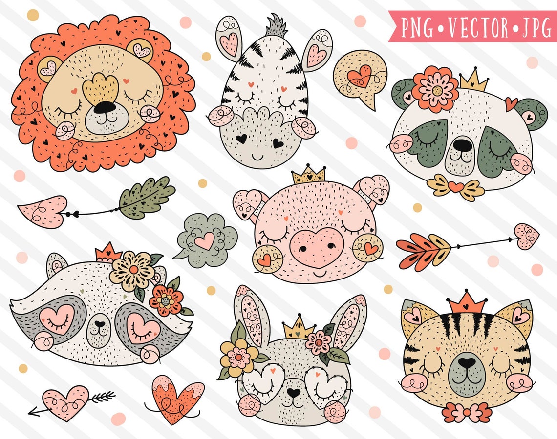 Heart Faced Friends Clipart, Cute Valentine Animals Clipart, Valentine ...