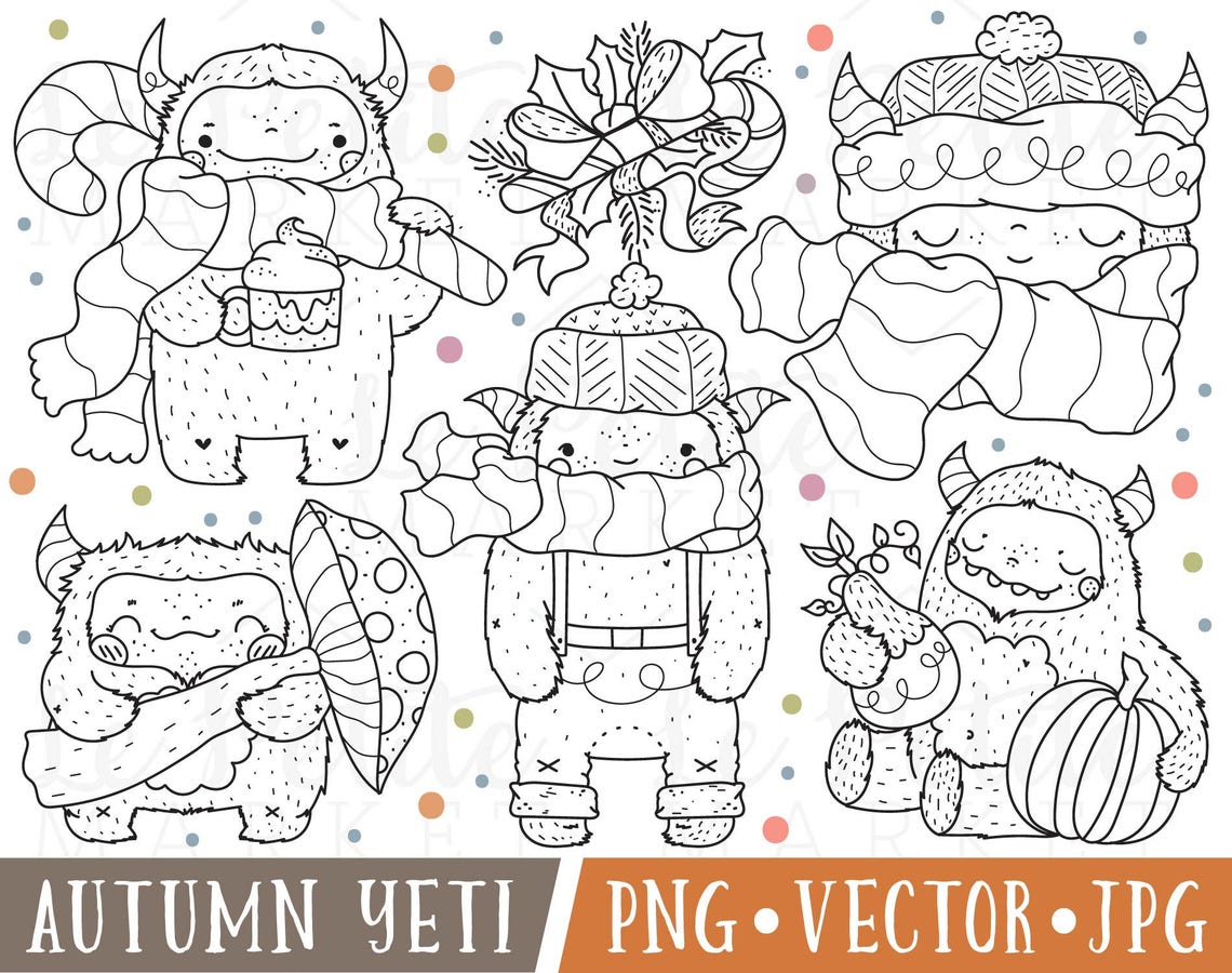 Cute Autumn Yeti Clipart, Thanksgiving Bigfoot Clipart, Cute Yeti ...