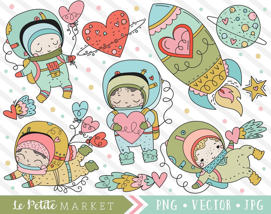 Cute Astronauts Clipart Set, Astronaut With Heart in Space, Planets and ...