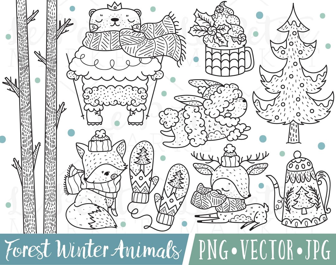 Winter Forest Holiday Clipart Digital Stamps, Cute Winter Digital ...