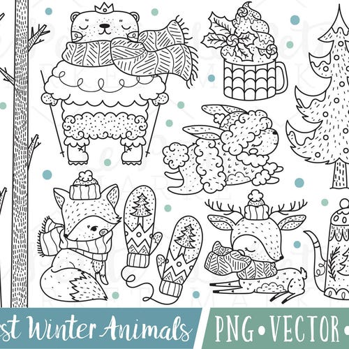 Winter Forest Holiday Clipart Digital Stamps Cute Winter - Etsy