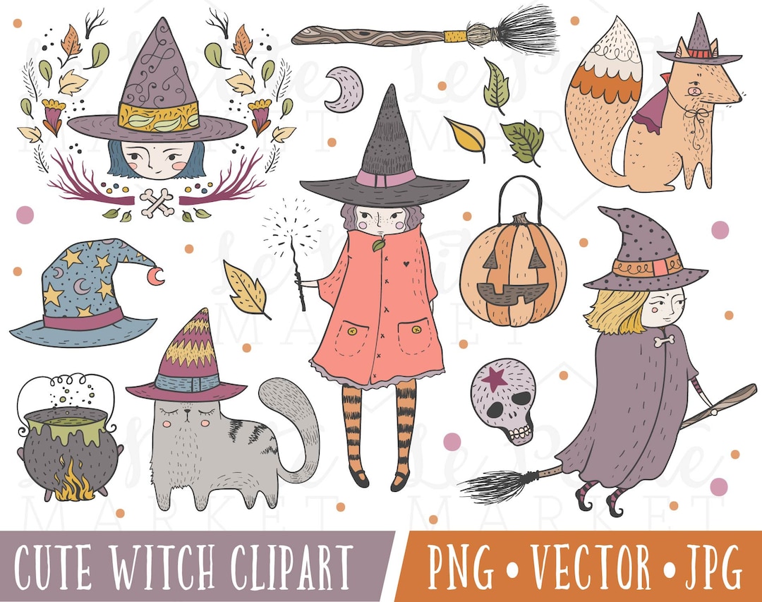 Cute Witch Clipart Images, Cute Witch Illustration Set, Halloween ...