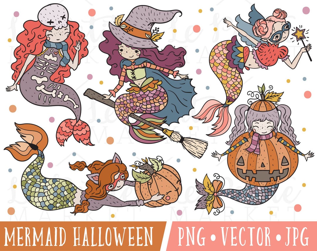 Mermaid Halloween Clipart Set, Cute Halloween Mermaids Clip Art ...