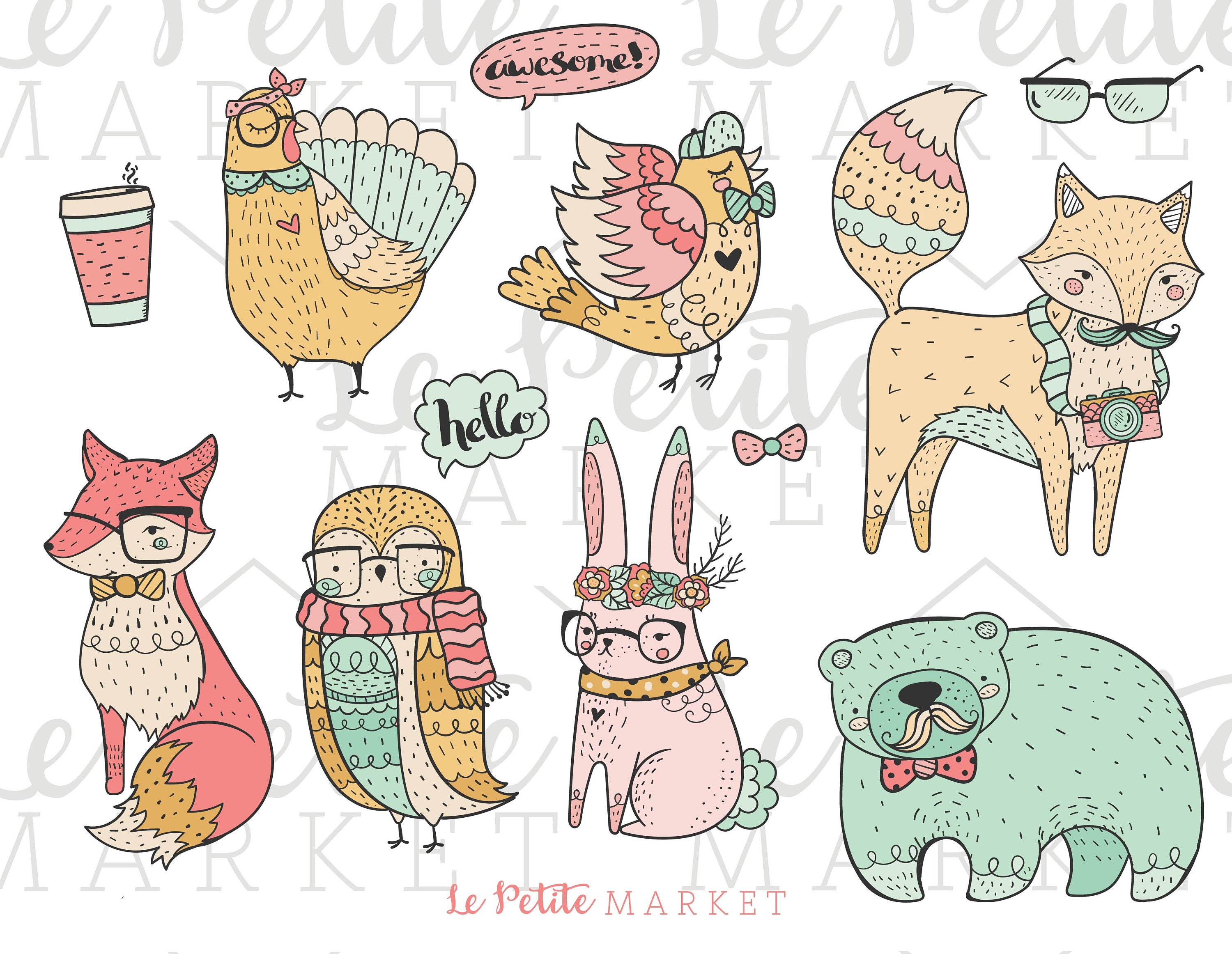 Cute Spring Hipster Animals Clip Art Set Hipster Fox Hipster | Etsy