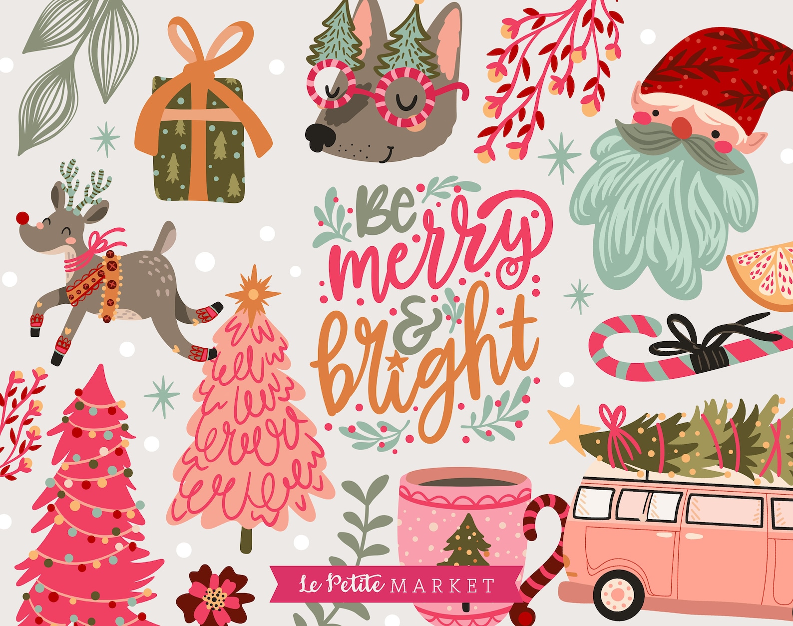 Retro Christmas PNG Clipart, Pink Santa Claus Png, Merry and Bright ...