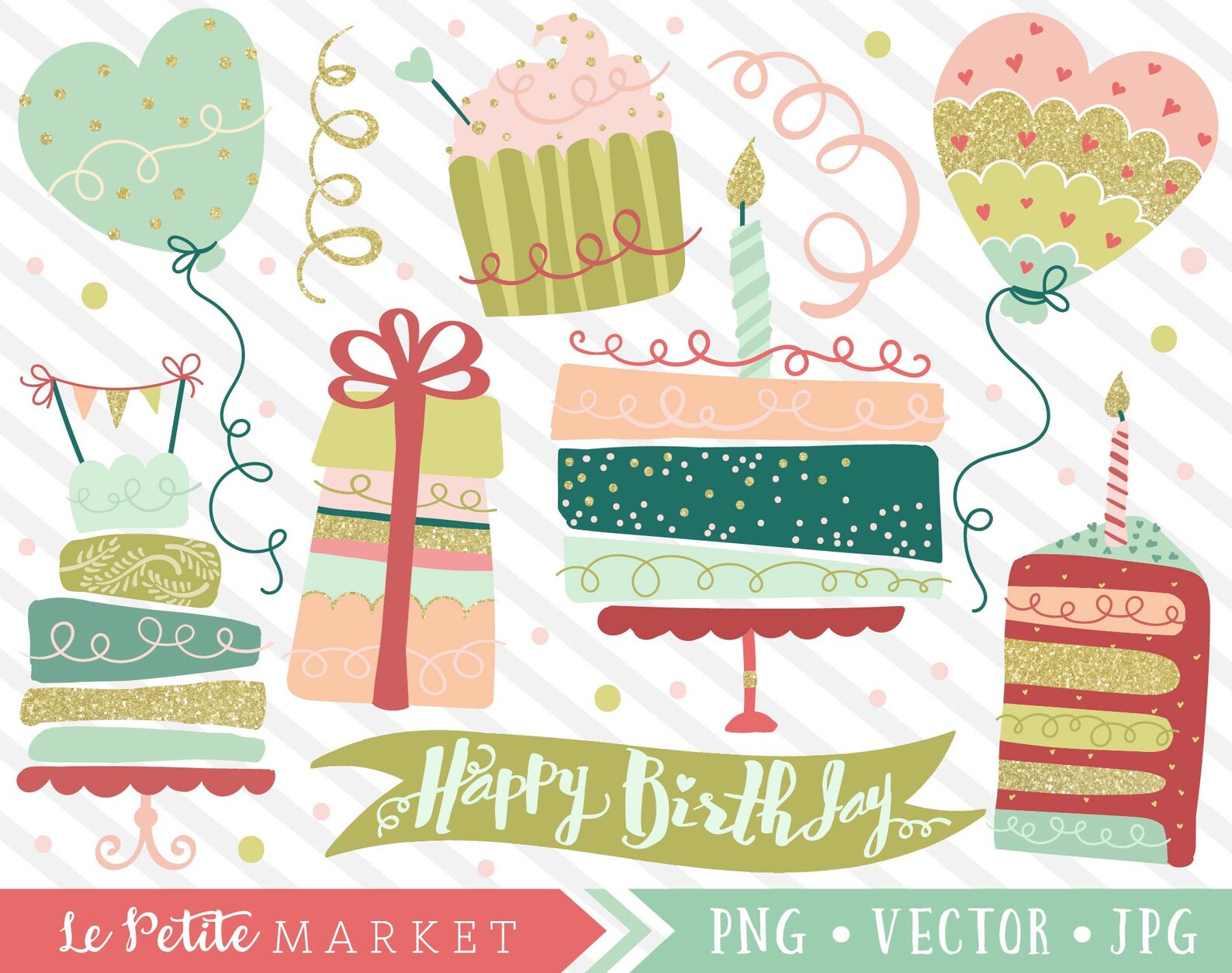 Birthday Clipart Set Gold Glitter Party Clip Art Mint Lime - Etsy