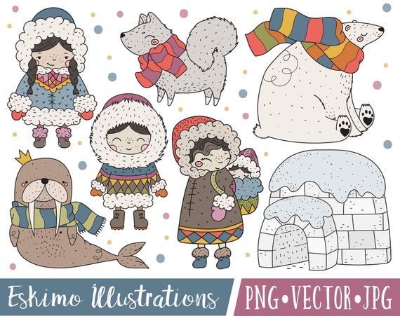 Inuit Arctic Clipart Images Cute Eskimo Illustrations Polar | Etsy