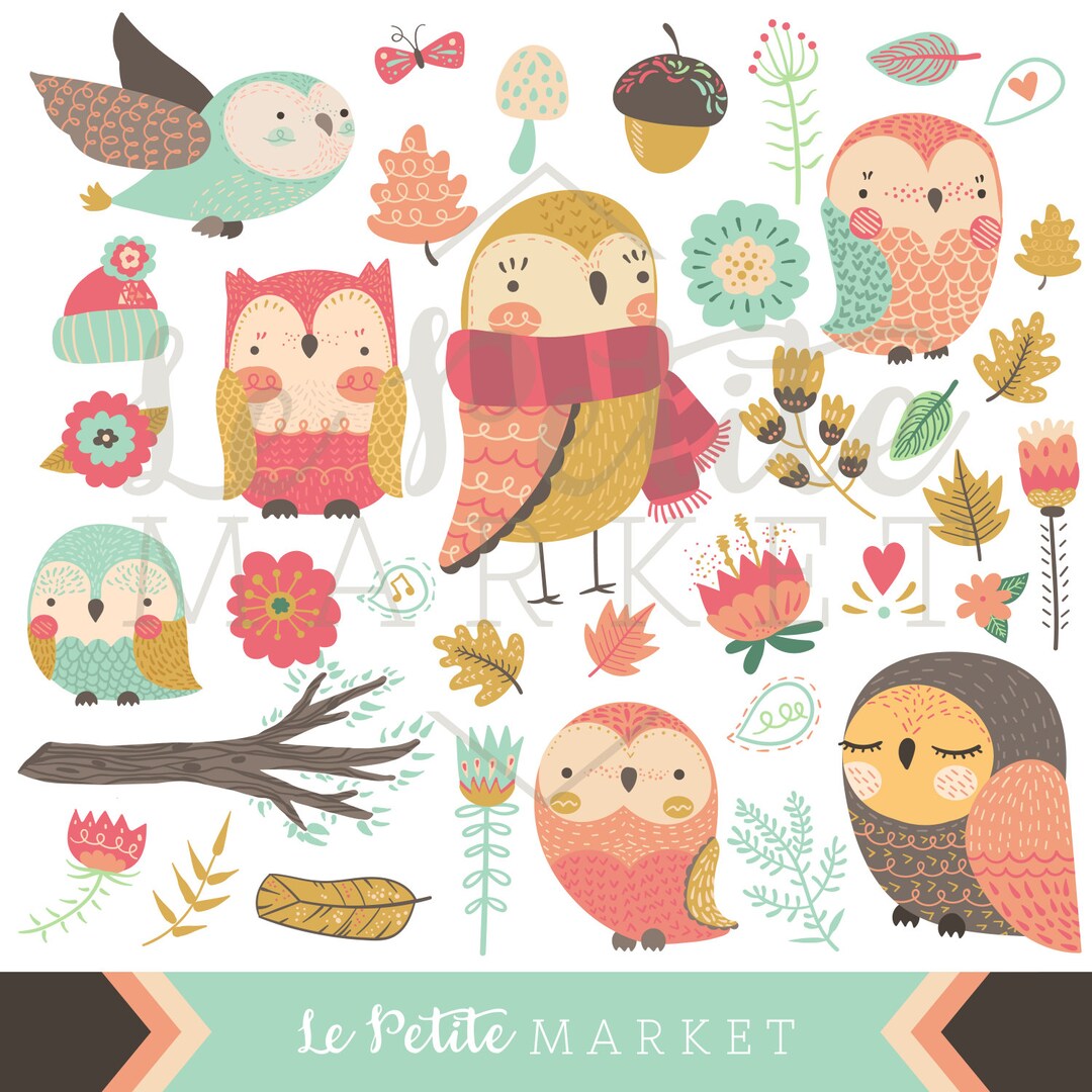 Cute Owl Clipart, Colorful Pretty Pastel Owl Clipart, Digital Owl ...