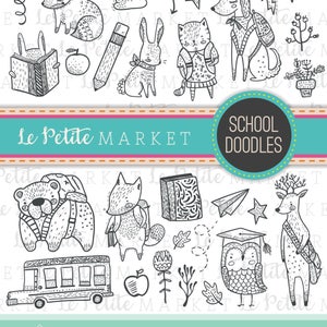 School Animals Clipart Images, Black and Chalkboard Doodles, Woodland ...