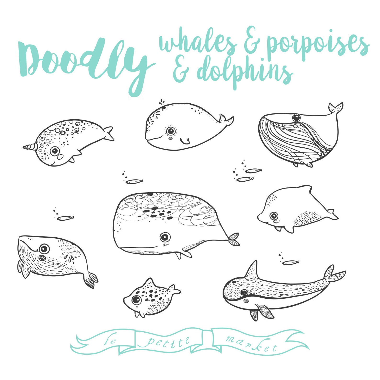 Hand Drawn Whale Porpoise Dolphin Clipart, Vector Clipart, Whale ...