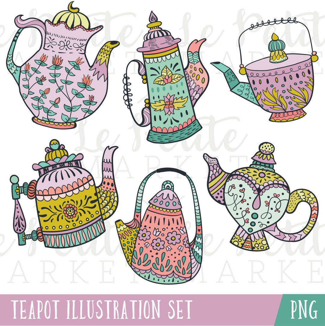 Fun Colorful Tea Pot Clip Art Set, Menu Clip Art, Tea Time Teacup ...