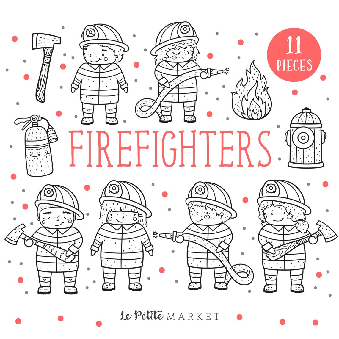 Cute Firefighter Clip Art Illustration Set Cute Firetruck - Etsy