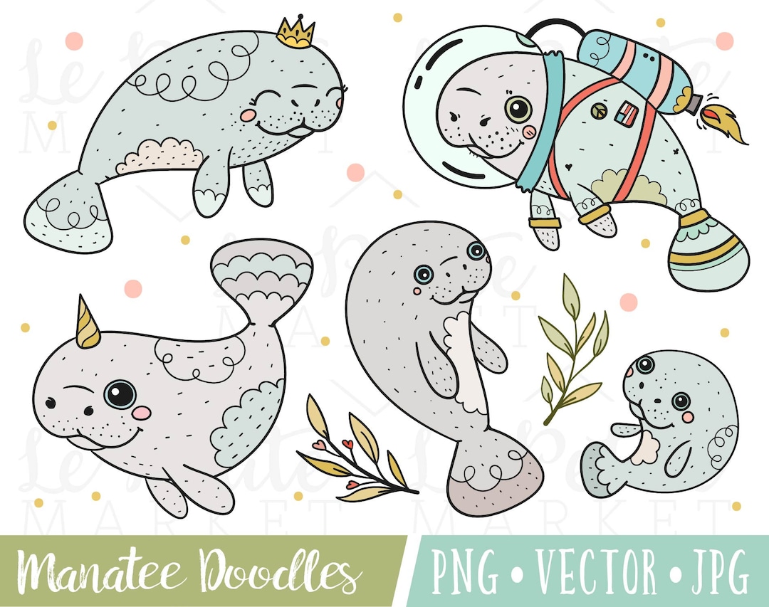 Cute Manatee Clipart Images, Manatee Clipart Set, Doodle Manatee ...