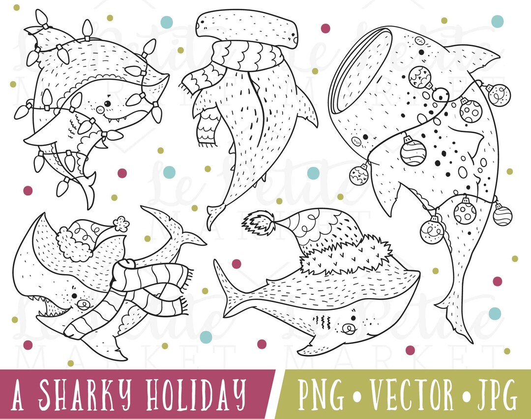 Cute Christmas Sharks Digital Stamps, Cute Holiday Shark Clipart, Hand ...