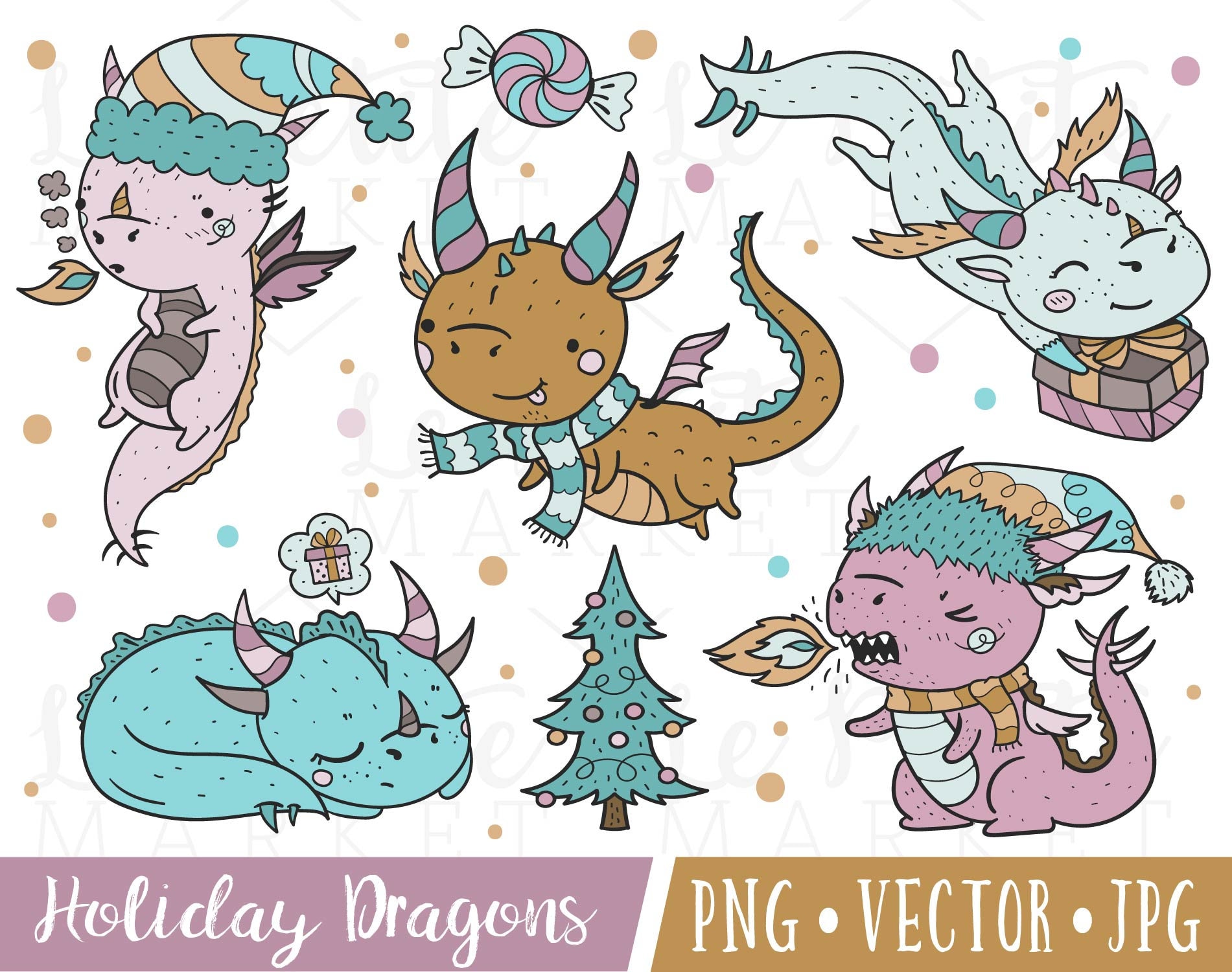 Christmas Dragons Clipart Images, Cute Holiday Dragons Clip Art Set ...