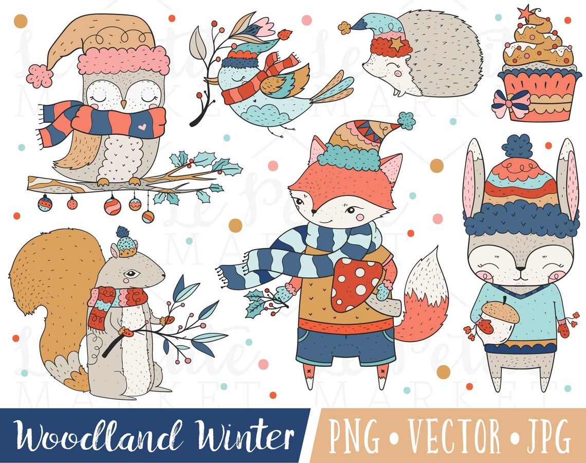 Cute Winter Animals Clipart Christmas Forest Animals Clipart - Etsy