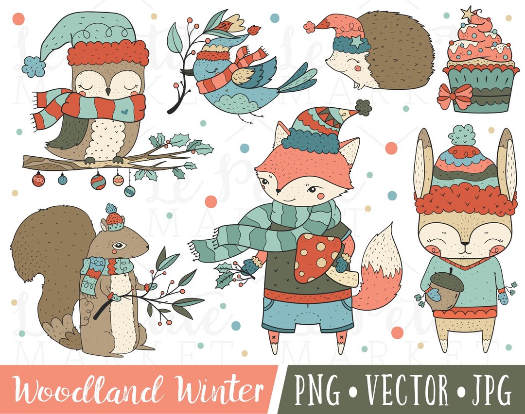 Cute Woodland Christmas Creatures Clipart Set, Christmas Fox Clipart ...