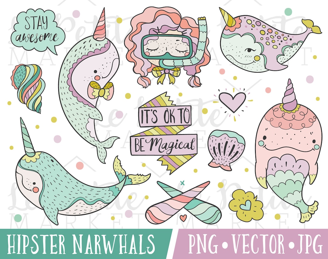 Hipster Narwhal Clipart Images, Narwhal Clip Art Illustrations, Digital ...