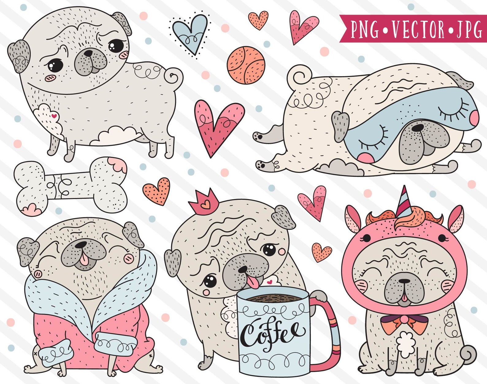 Kawaii Pug Clipart Images, Cute Pug Illustration Set, Commercial Use ...