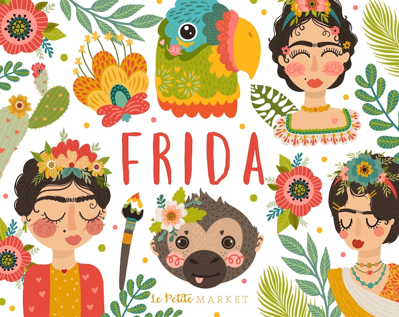 Frida Clipart, Frida Kahlo Clip Art Illustration Set, Monkey Clipart ...