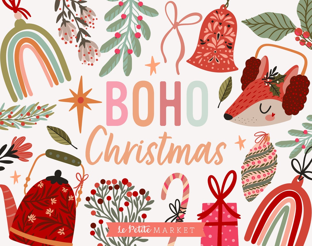 Boho Christmas Clipart, Cozy Boho PNG, Retro Christmas Rainbows ...