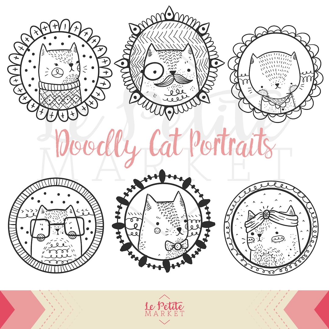 Hand Drawn Cute Doodle Cat Clipart Illustration, Printable Coloring ...