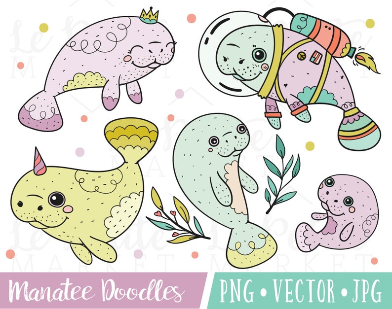 Kawaii Manatee Illustration Set, Cute Manatee Illustrations, Manatee ...