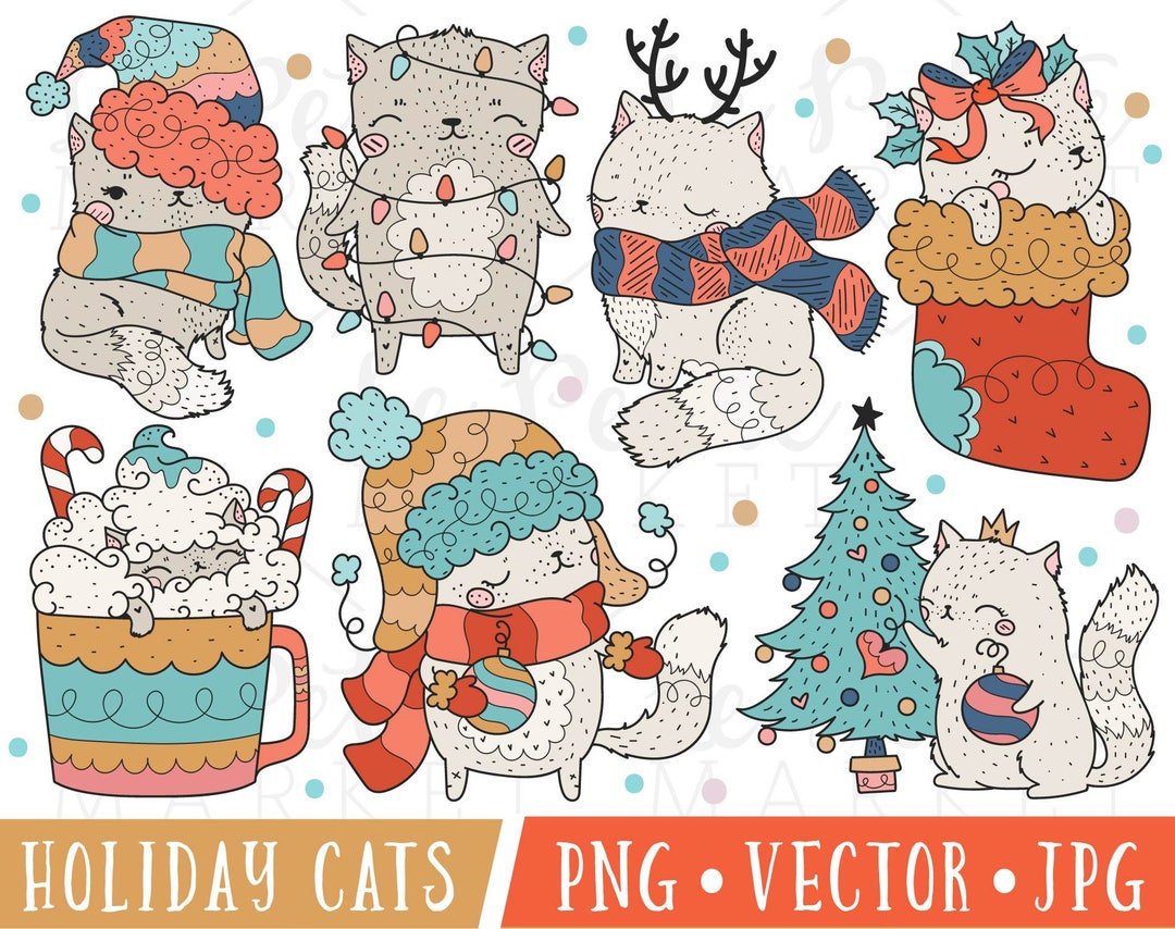 Christmas Cat Clipart Images, Cute Holiday Cats Clipart, Cute Cat Clip ...