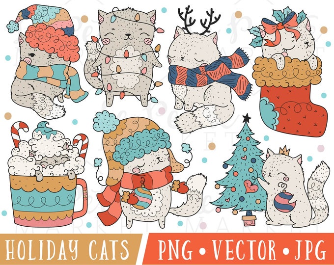 Cute Cat Christmas Clipart Cat Clipart Winter Clipart Funny Cats ...