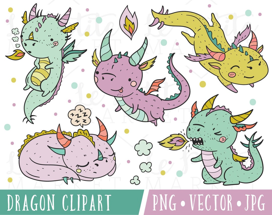Cute Hipster Dragon Clipart Set, Kawaii Hipster Dragons, Kawaii Dragon ...