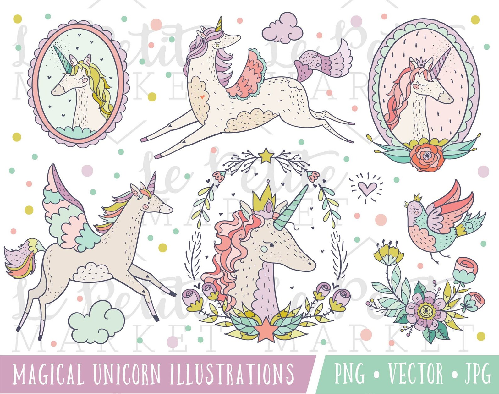 Whimsical Unicorn Illustration Set, Cute Unicorn Clip Art Set, Unicorn ...