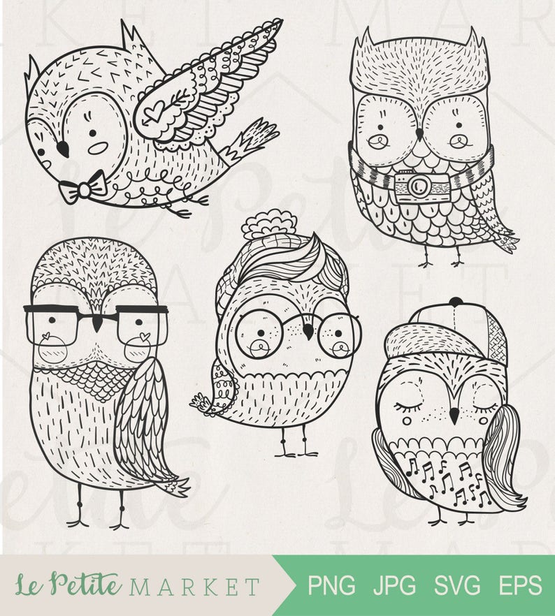 Hipster Owl Digital Stamps, Hand Drawn Owl Clipart Images, Owl Clipart ...