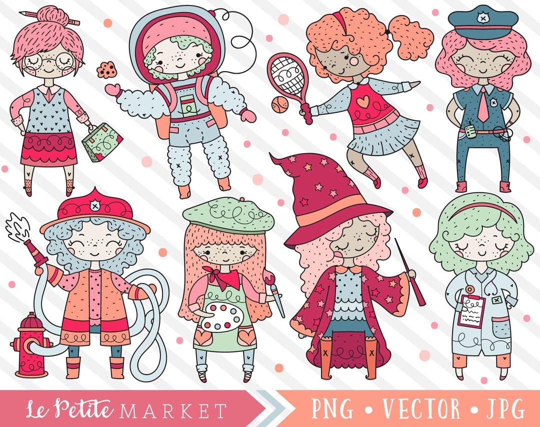 Cute Career Clipart Set, Professions Clip Art Designs, Cute Girl Power ...