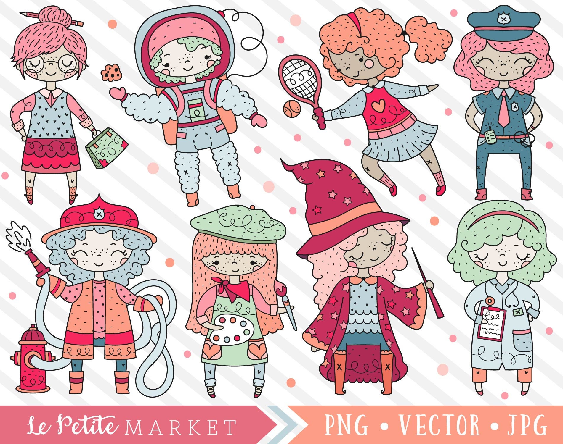 Cute Career Clipart Set, Professions Clip Art Designs, Cute Girl Power ...