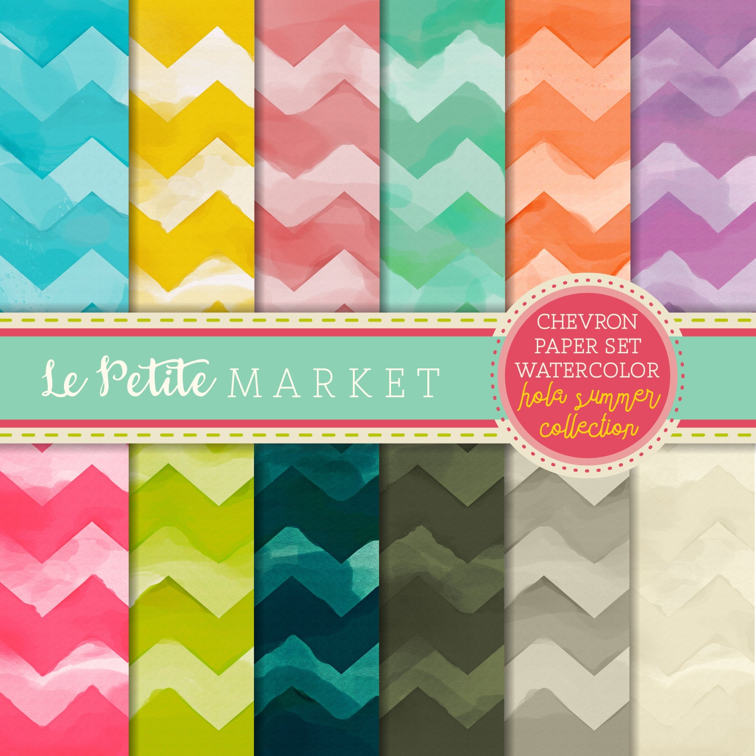Watercolor Chevron Digital Paper Pink Blue Yellow Mint | Etsy