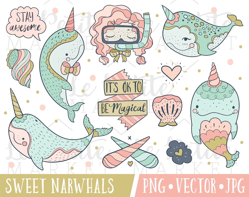 Sweet Narwhal Clipart Images Narwhal Clip Art Illustrations - Etsy