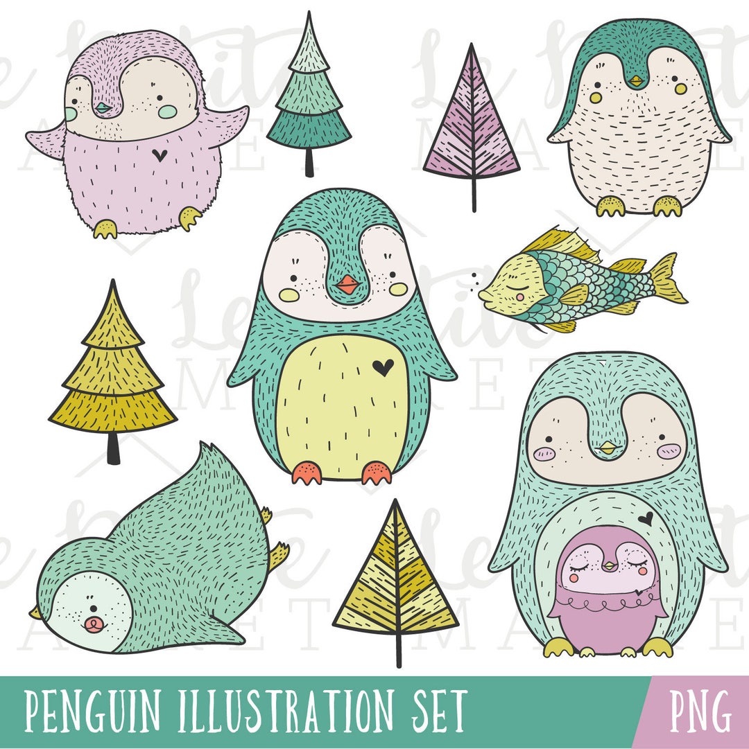 Cute Penguin Clip Art, Hand Drawn Penguin Clipart, Penguin Illustration ...
