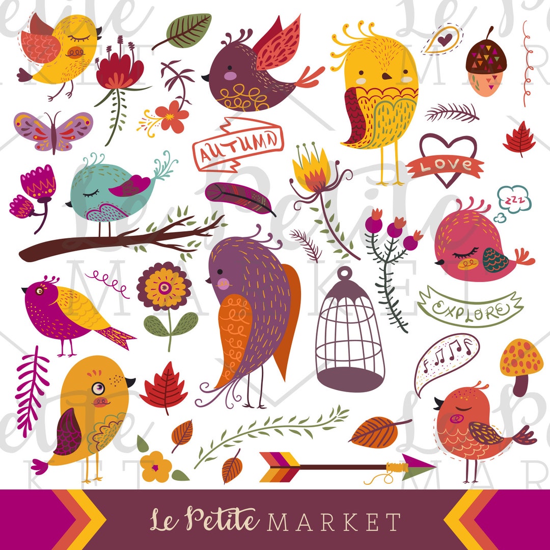 Hand Drawn Fall Bird Clip Art, Autumn Colors Bird Clipart, Bird ...