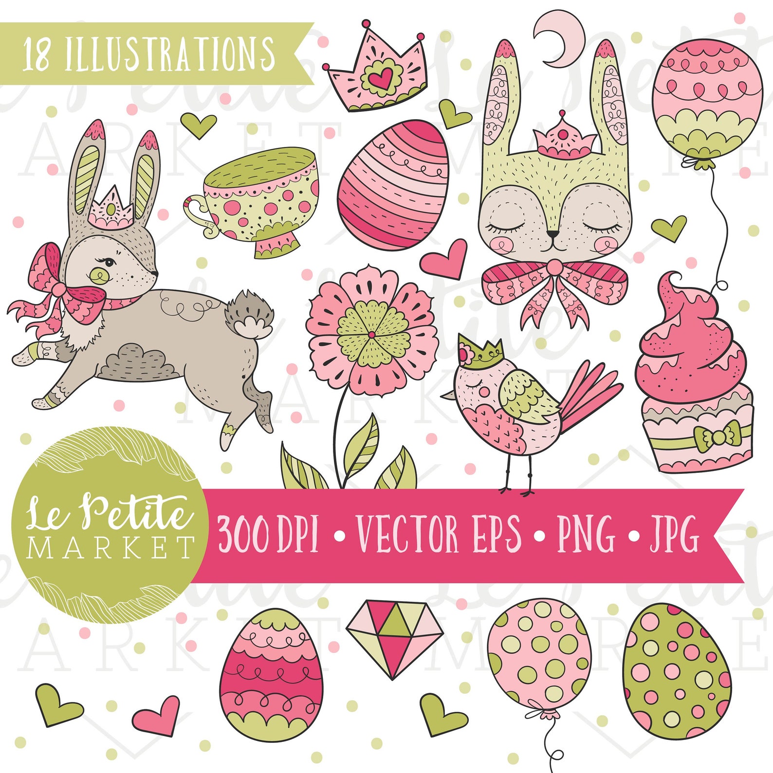 Cute Spring Rabbit Illustration Set Pink and Green Clip Art | Etsy