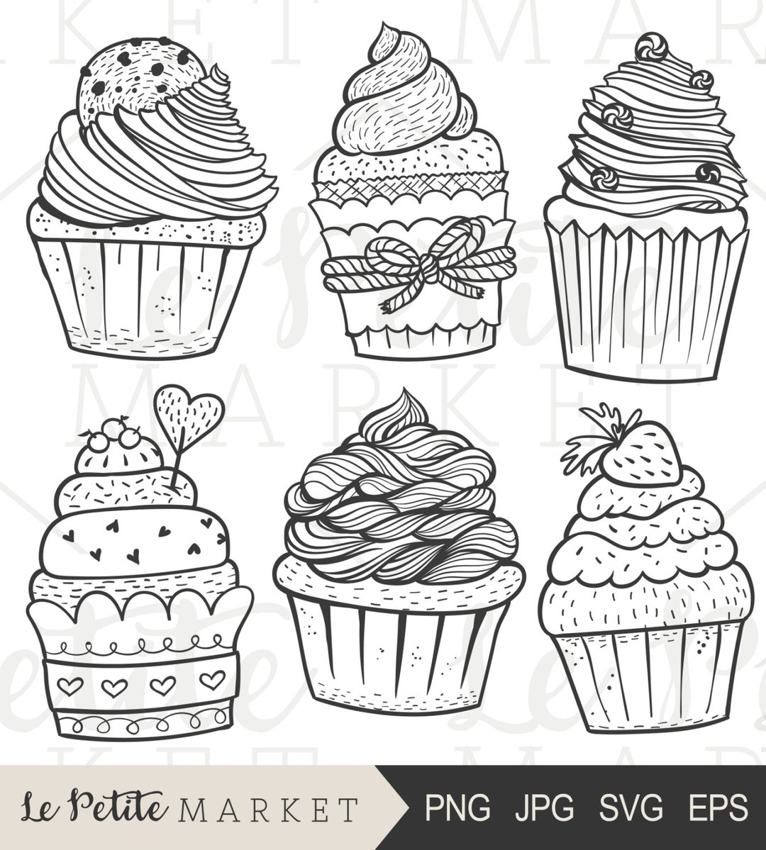 Hand Drawn Cupcake Clip Art, Cute Cupcake Clipart, Hand Drawn Cupcake ...