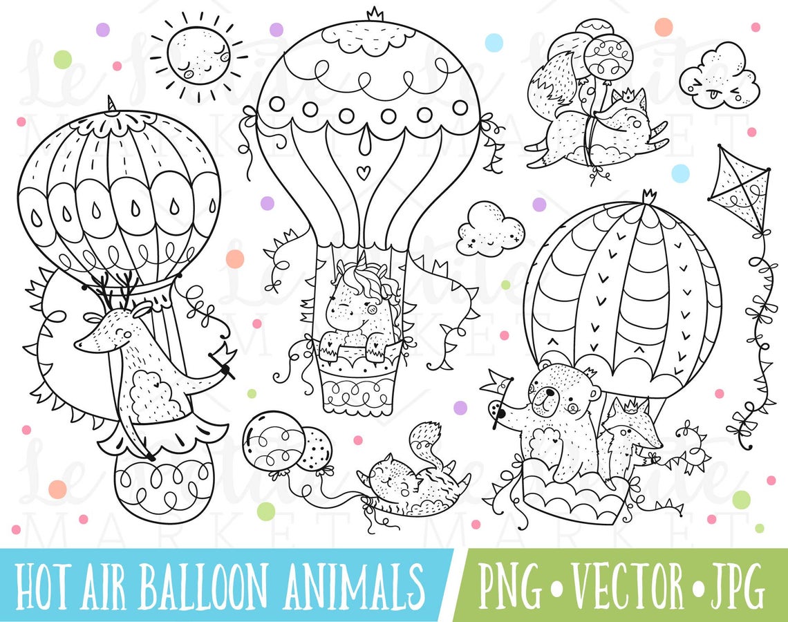 Hot Air Balloon Animals Clipart Set, Woodland Animals in Hot Air ...