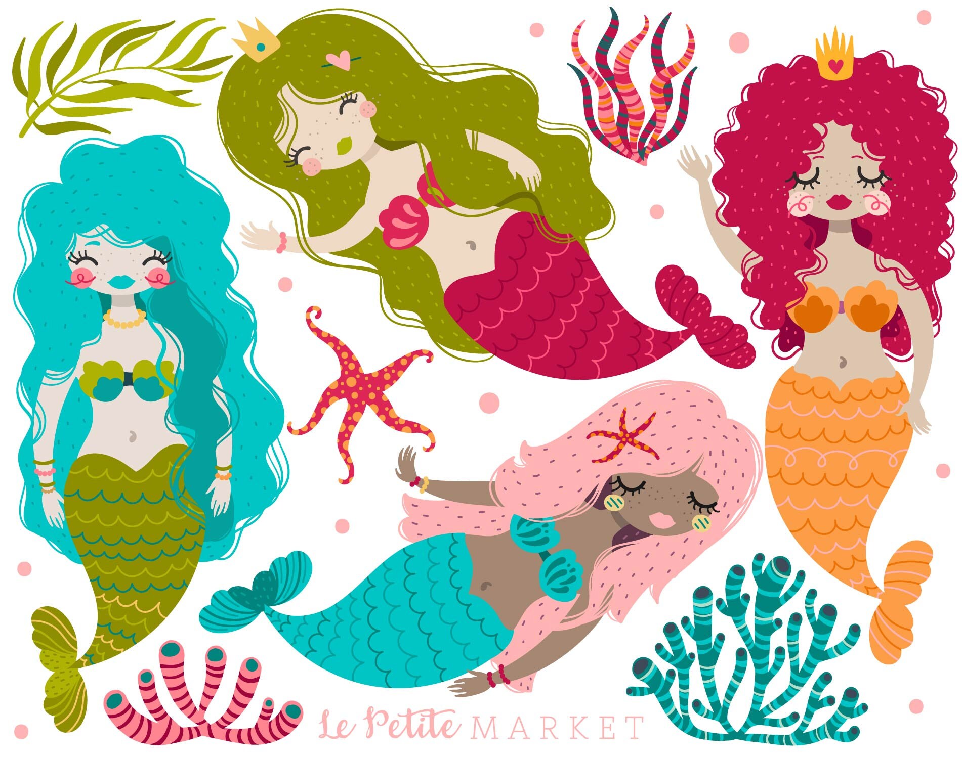 Mermaid Clipart Set, Pretty Mermaid Clip Art Images, African American ...