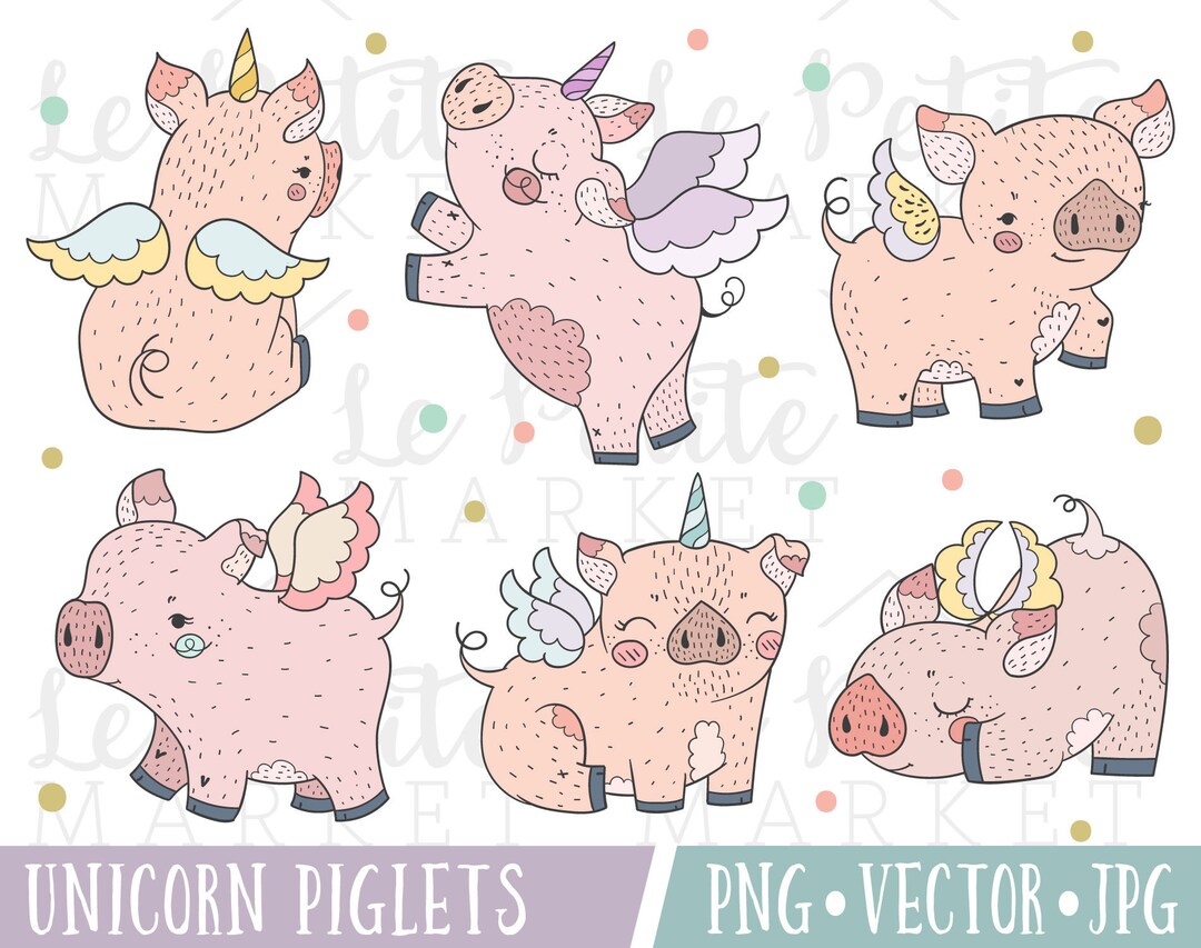 Flying Piglets Clipart Set, Cute Unicorn Piglets Clip Art, Unicorn Pigs ...